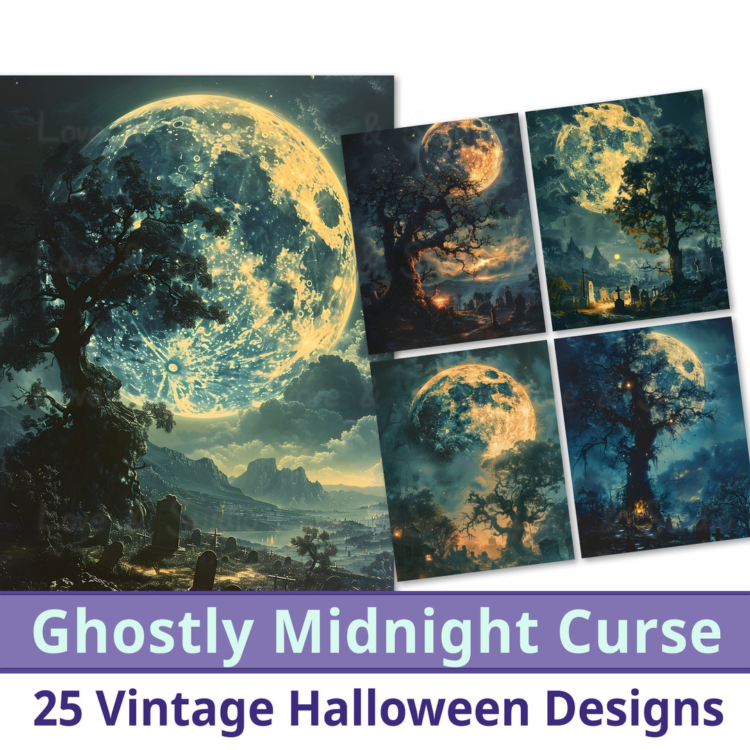 25 Ghostly Midnight Curse Digital Paper, Printable Vintage Halloween ...