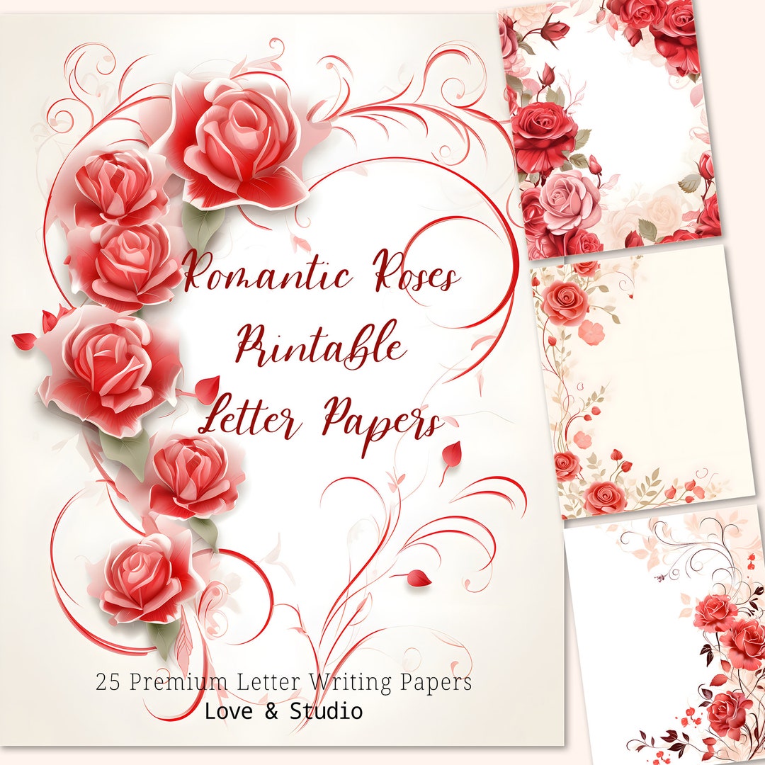 25 Romantic Roses Printable Letter Paper, Valentine's Day Page Border ...