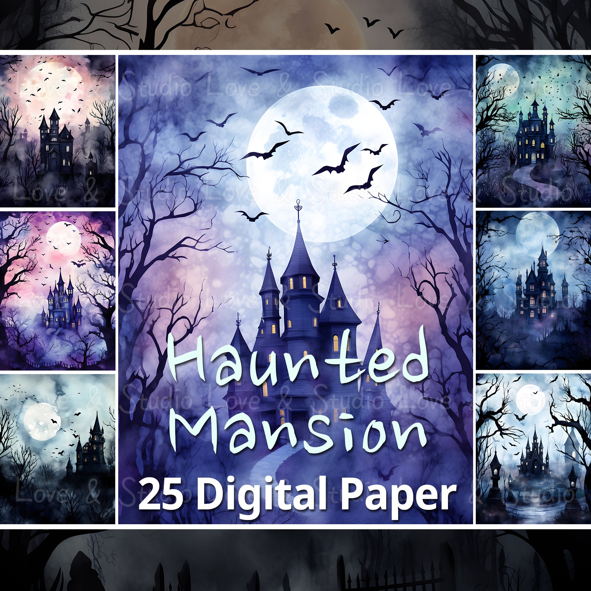 25 Haunted Mansion Digital Paper Watercolor Halloween Party - Etsy