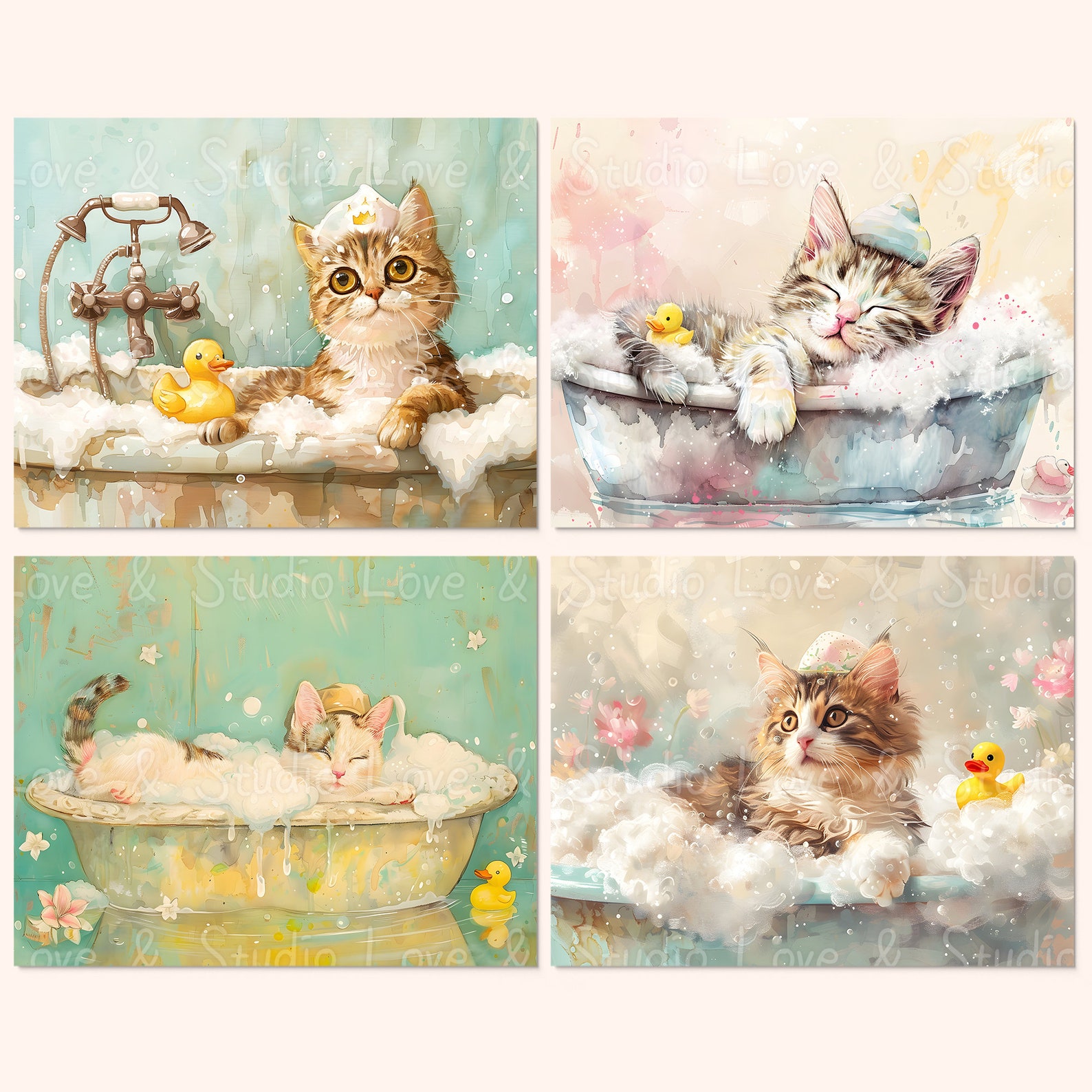 25 Happy Cat Bath Time Digital Paper, Lovely Fellin Watercolor ...