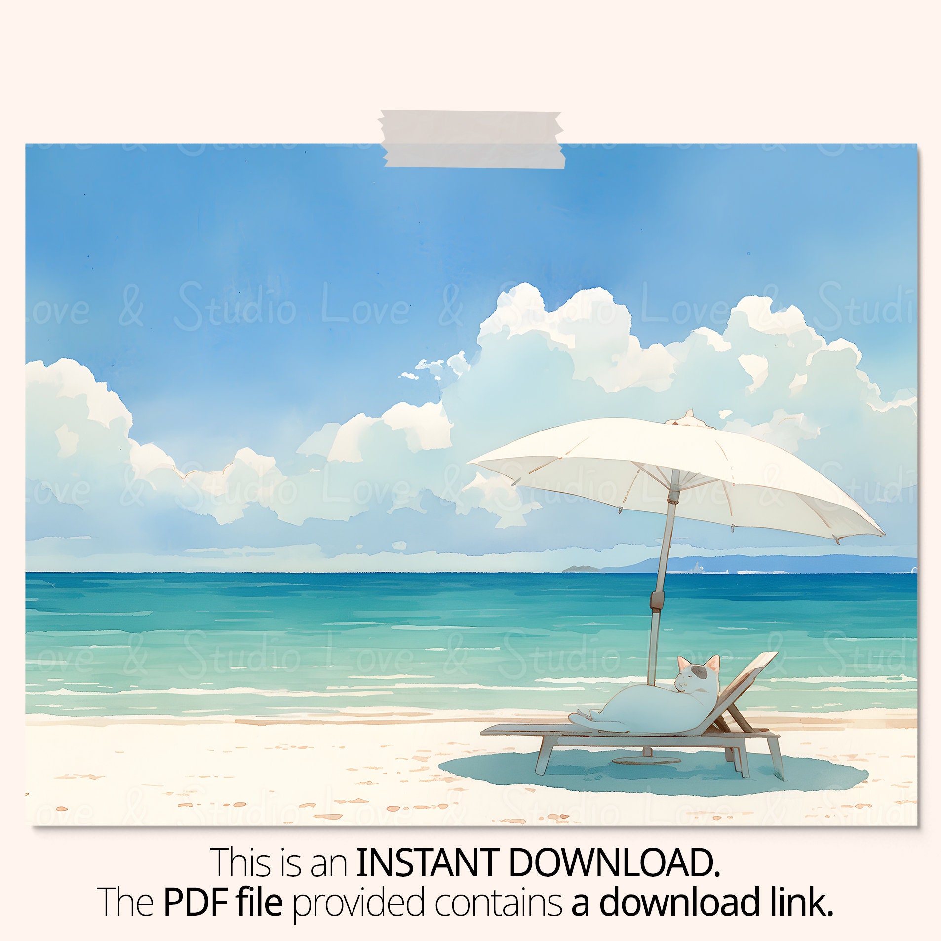 25 Seaside Serenity With Cat Digital Paper, Whimsical Feline Digital ...