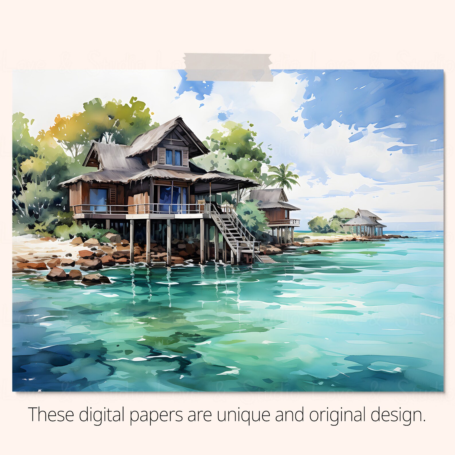 25 Maldives Beach Bungalows Digital Paper, Watercolor With Pen Brush ...