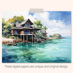 25 Maldives Beach Bungalows Digital Paper, Watercolor With Pen Brush ...