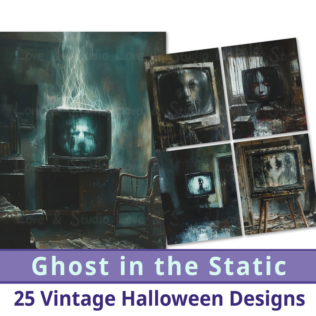 25 Ghost in the Static Digital Paper, Printable Vintage Halloween Wallart, Retro Fantasy Decor ...