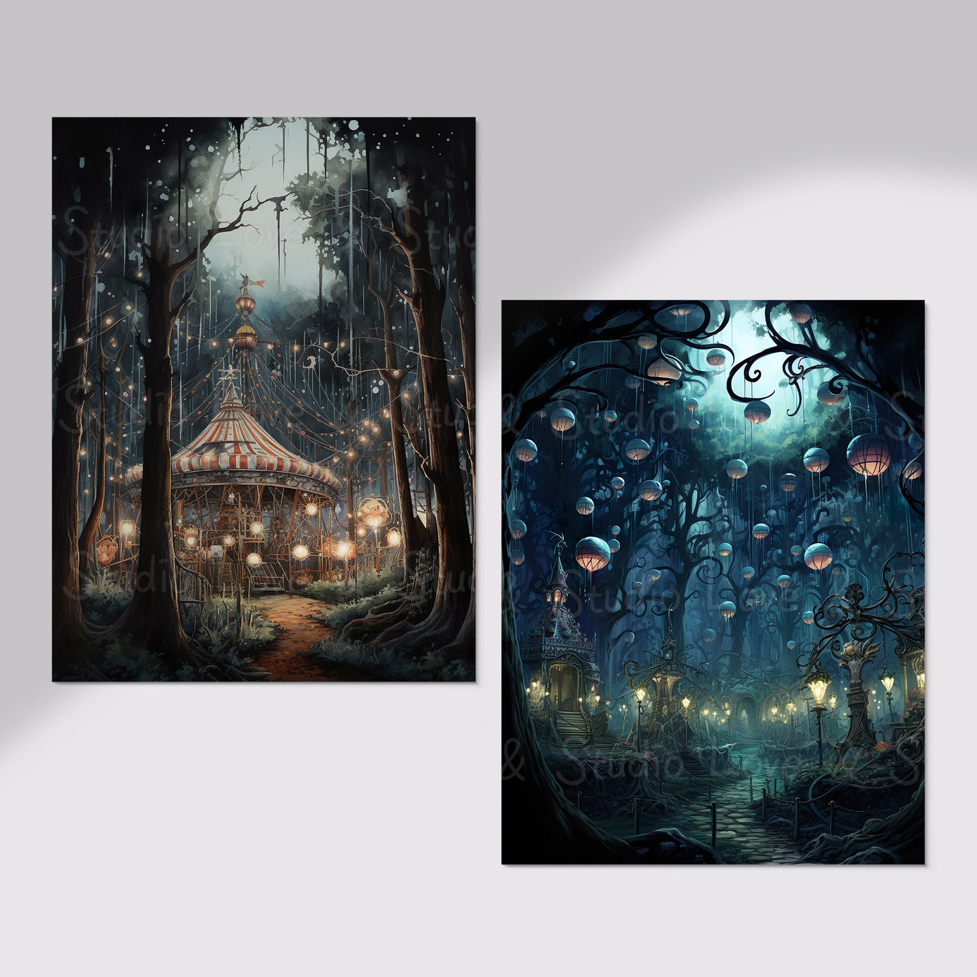 25 Creepy Carnival Forest Digital Paper, Printable Watercolor Halloween ...