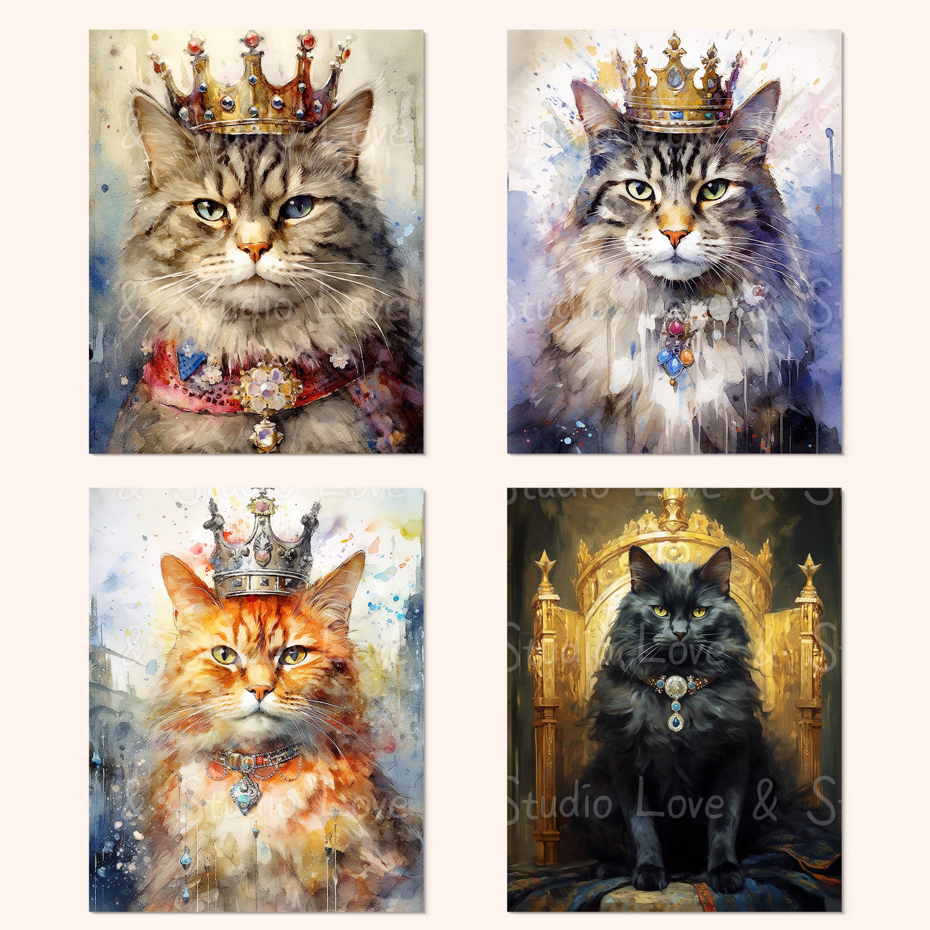 25 Watercolor Cat Clipart, Royal Cat With a Crown or a Regal Collar ...