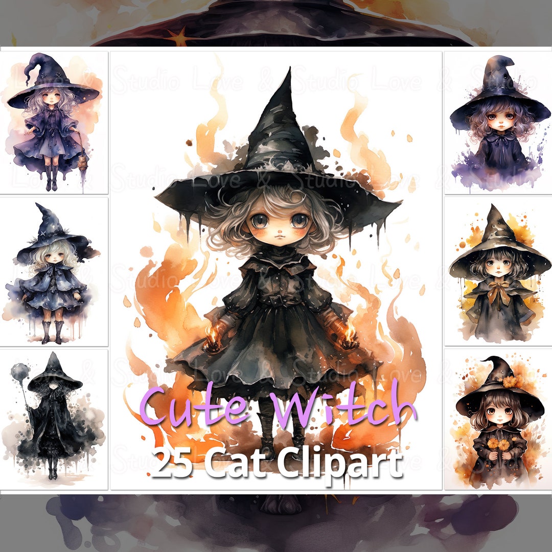 25 Cute Little Witch Clipart. Watercolor Horror Witchcraft Printable ...