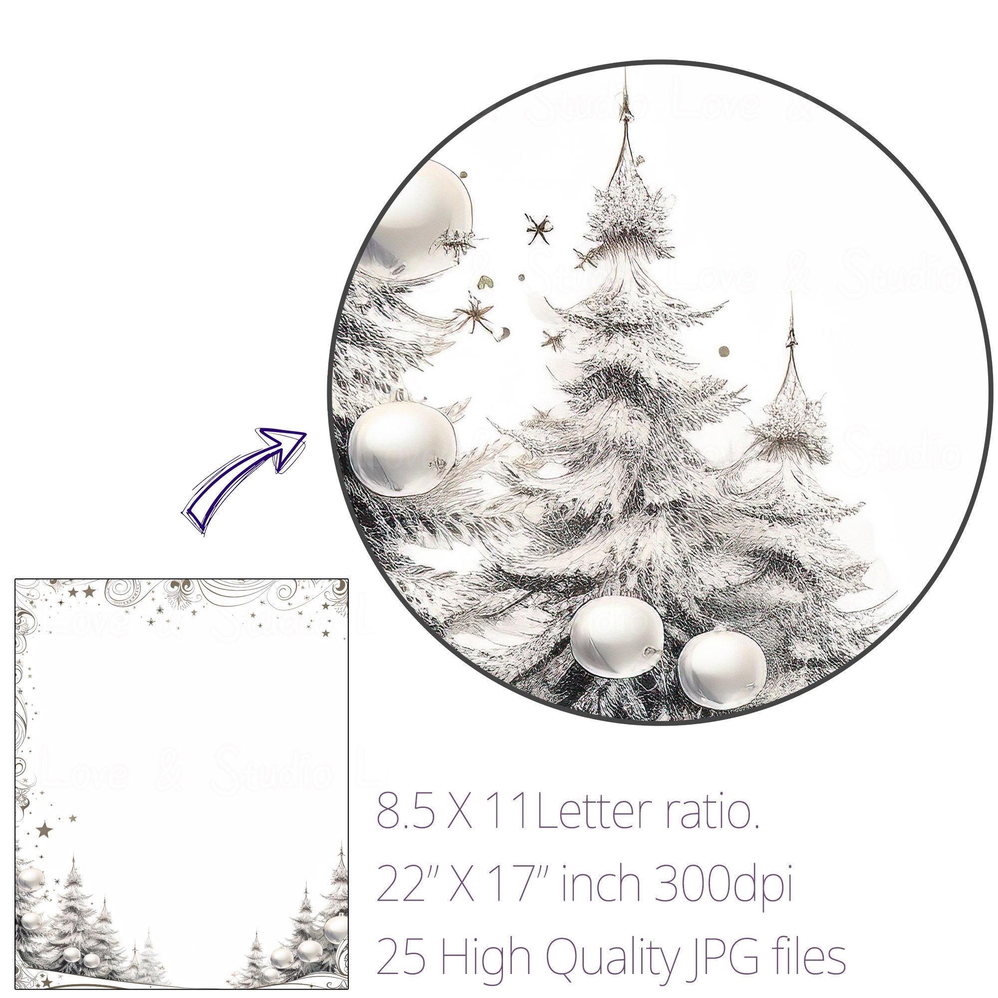 25 Christmas Trees Printable Letter Paper, Watercolor X-mas Page Border ...