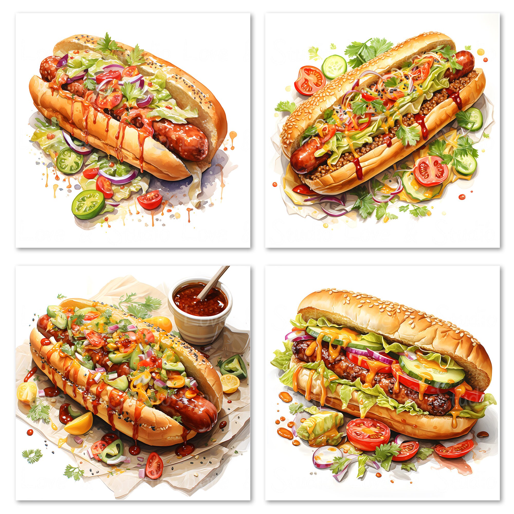 25 Loaded Hotdog Watercolor Clipart Happy Meal Digital Paper - Etsy