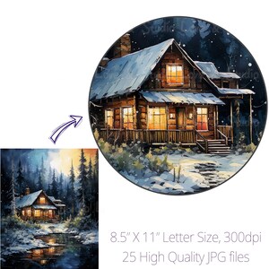 25 Log Cabins in the Snowy Forest Digital Paper, Watercolor Winter ...