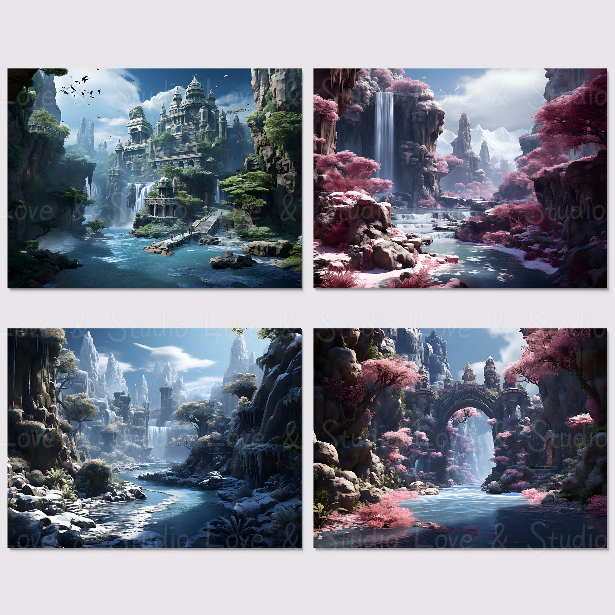 25 Frozen Waterfall Oasis Digital Paper, Amazing Fantasy Background ...