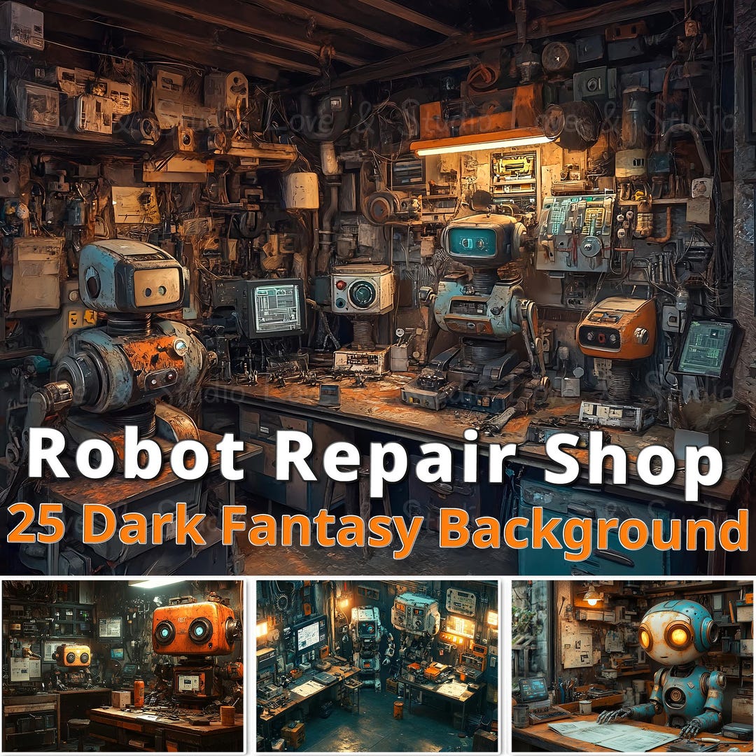25 Robot Repair Shop Digital Paper, Printable Dystopia Futuristic ART ...