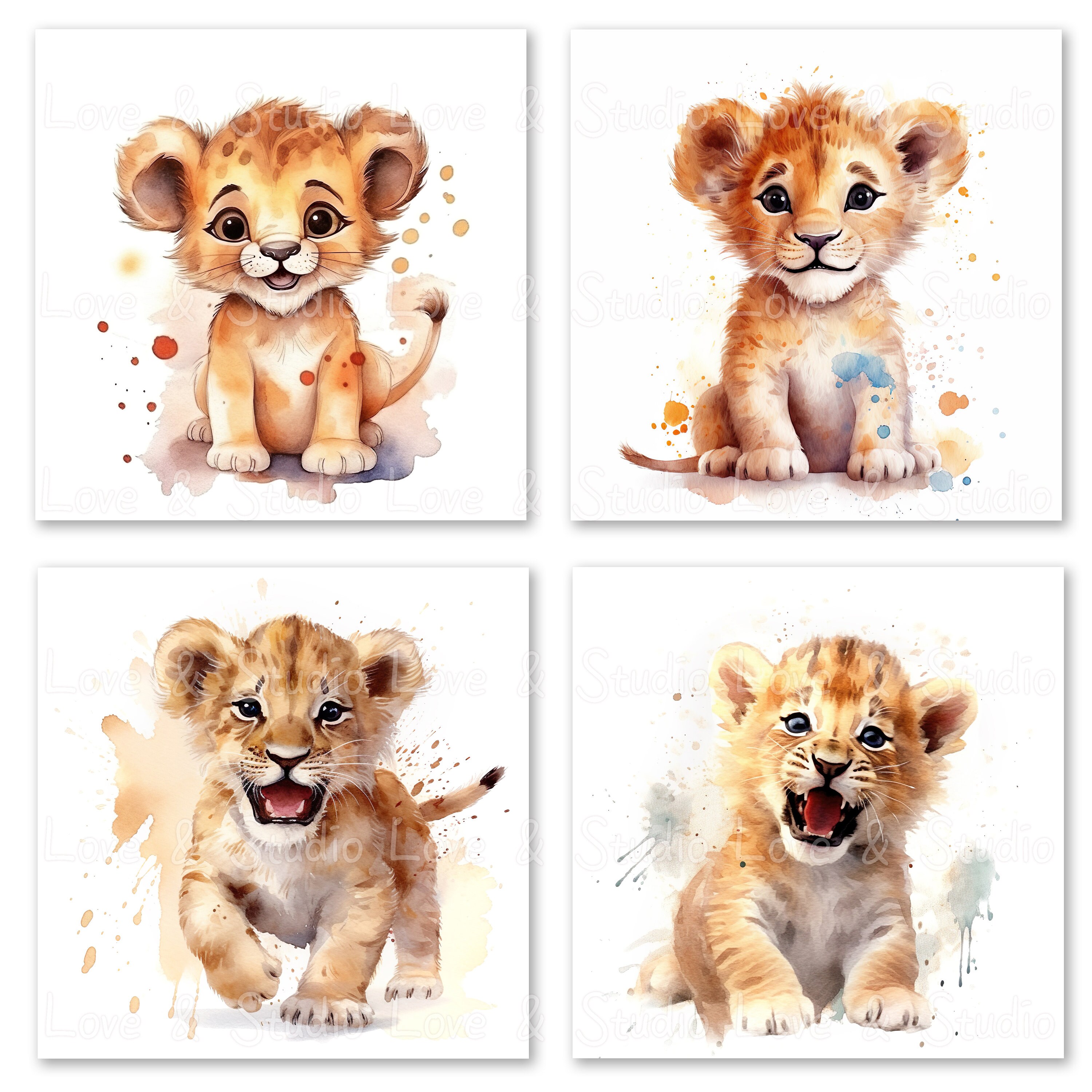 20 Baby Lion Watercolor Clipart, Smiling, Roaring Baby Lion ...