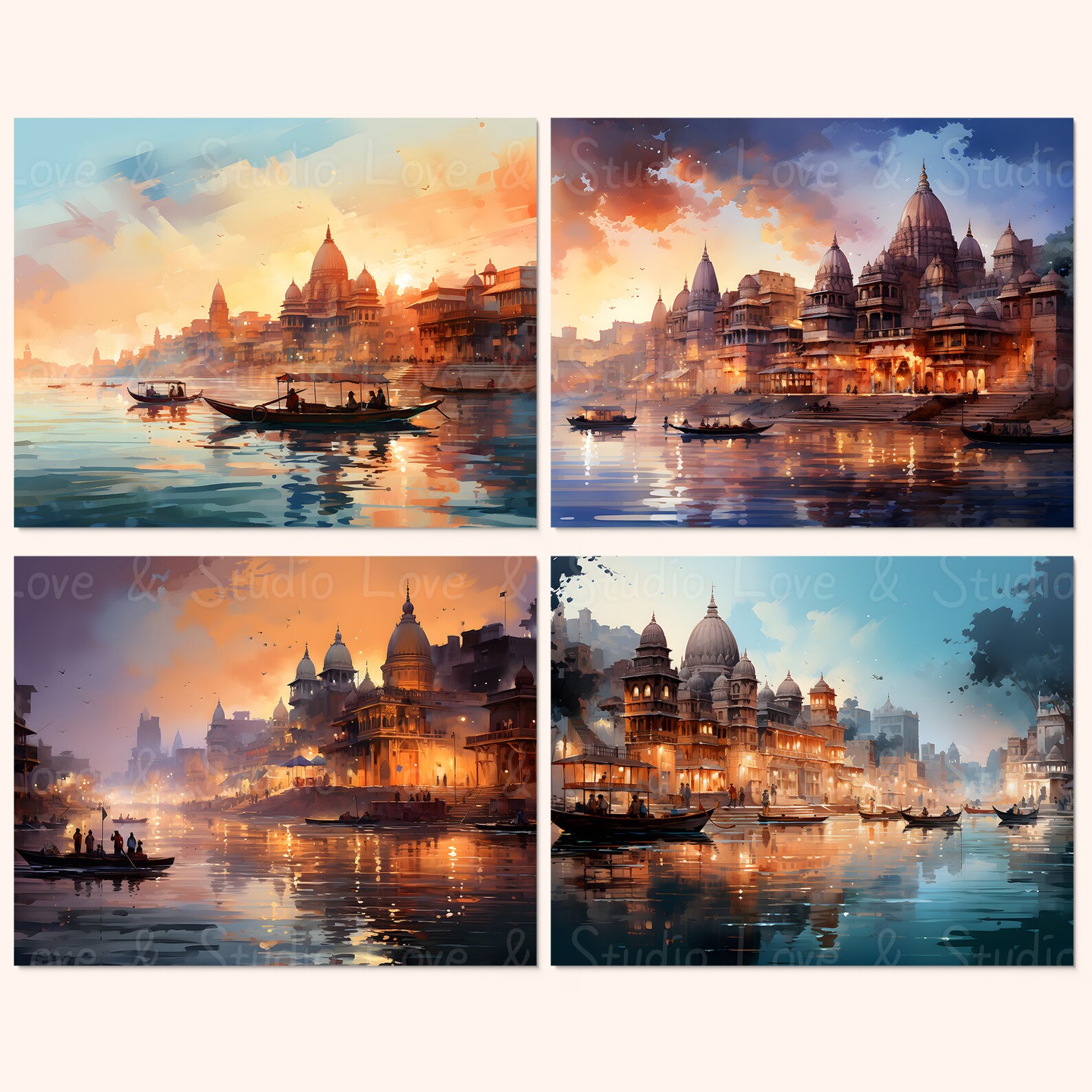 25 View of Varanasi, India Digital Paper, Watercolor With Pen Brush Old ...