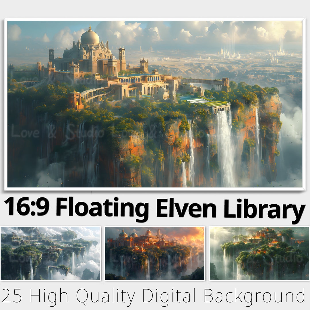 16:9 Floating Elven Library Digital Paper. 25 Printable Fantasy ...