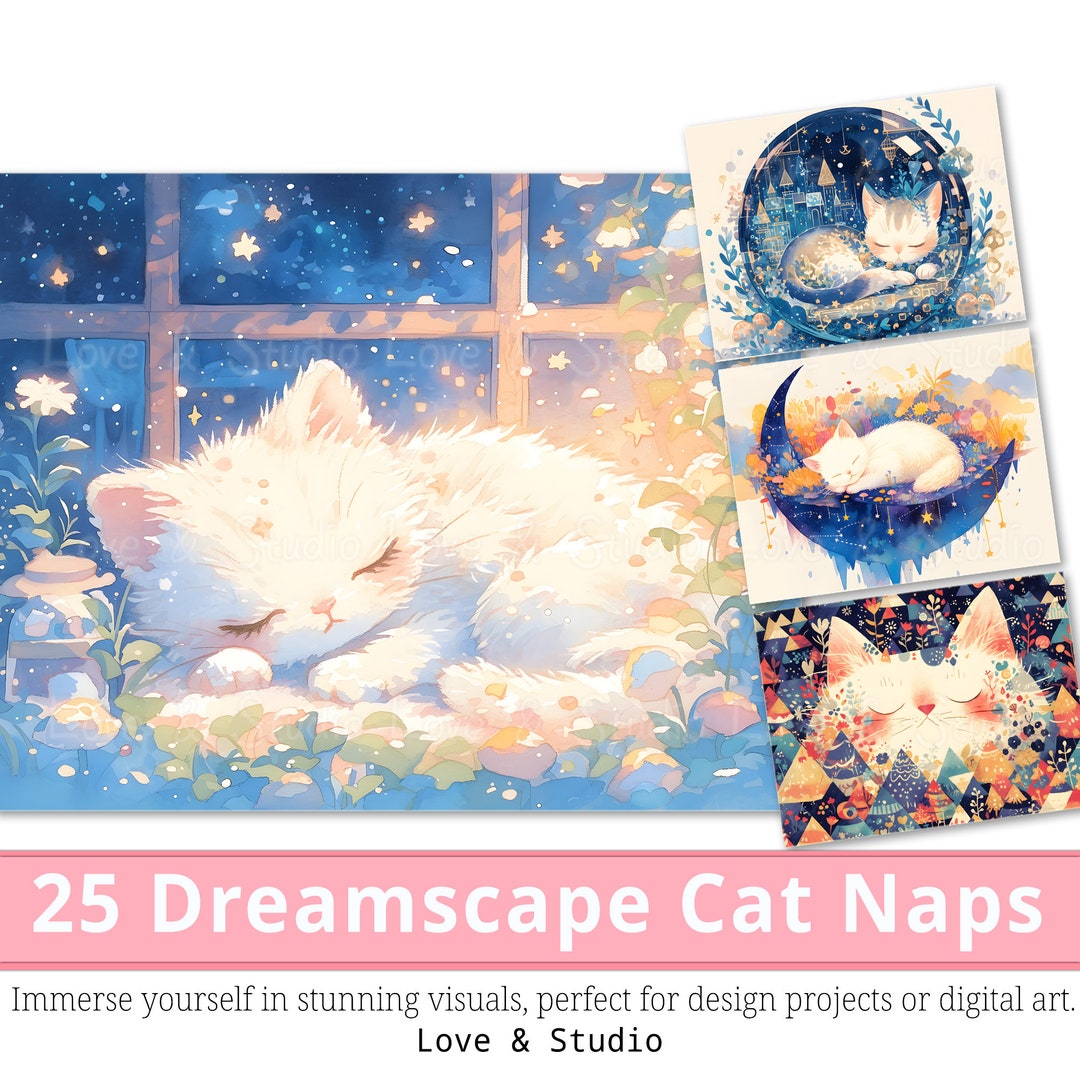 25 Dreamscape Cat Naps Digital Paper, Whimsical Feline Digital Paper ...