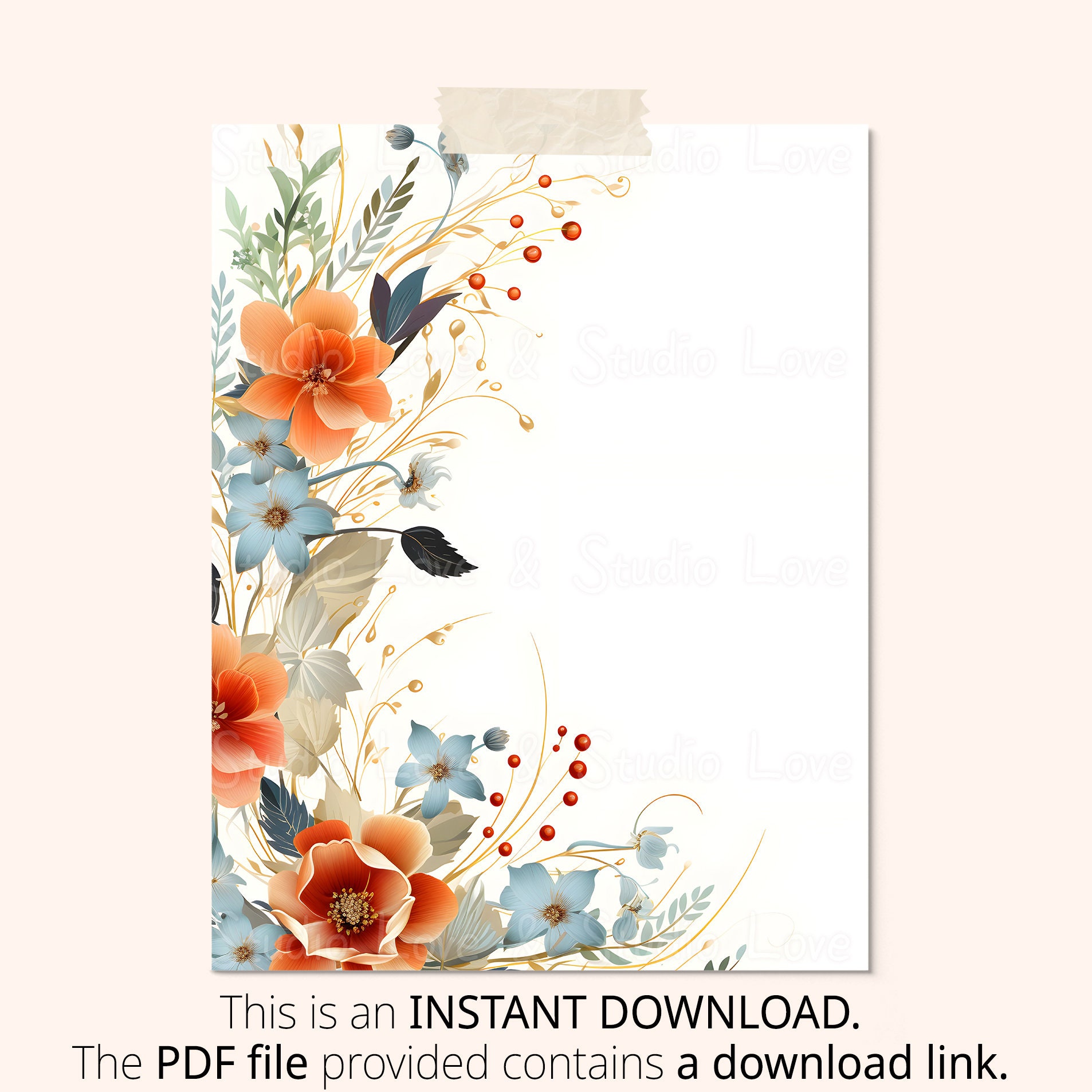 25 Floral Printable Letter Papers, Watercolor Page Border. Digital ...