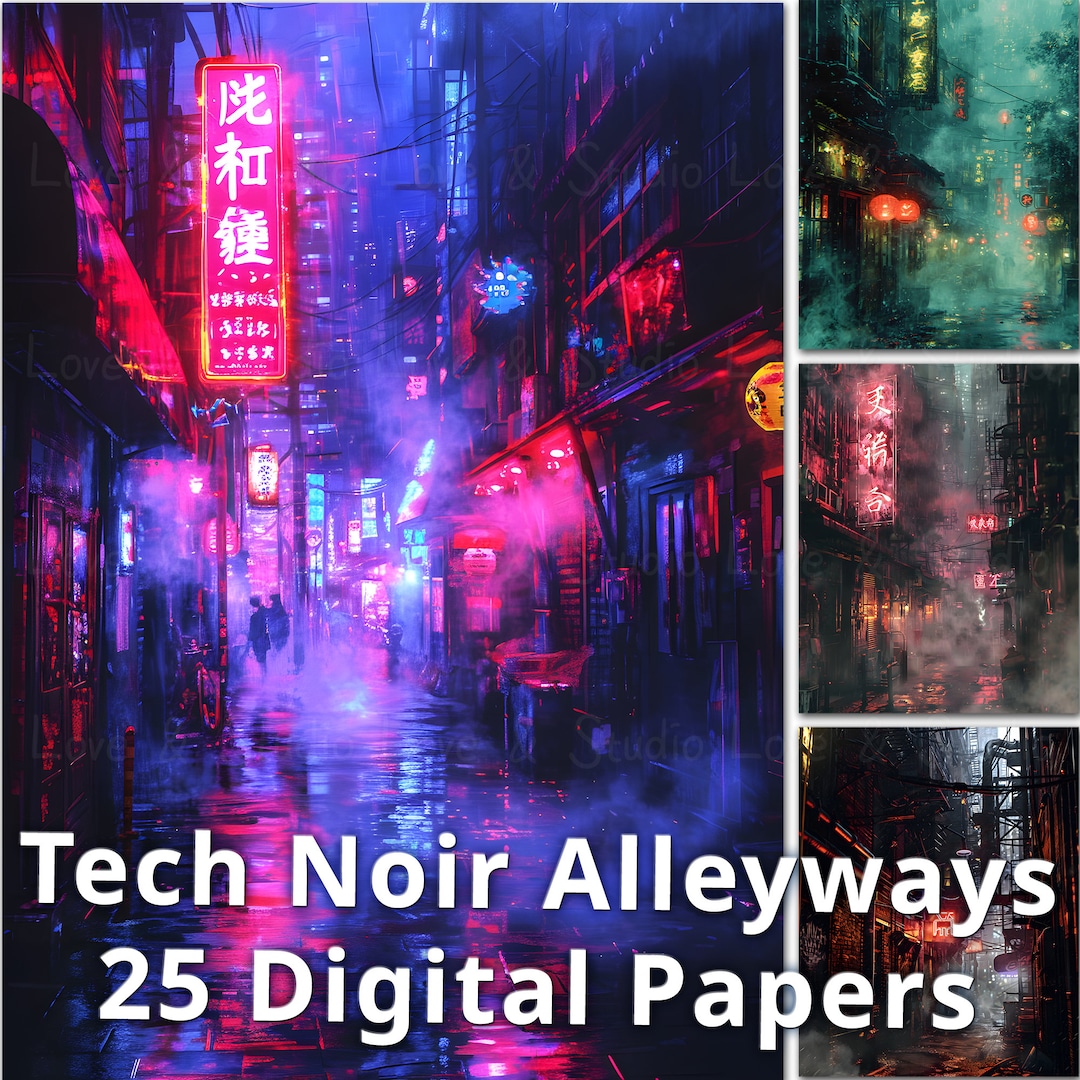 25 Tech Noir Alleyways Digital Paper, Printable Dystopian Futurescape ...