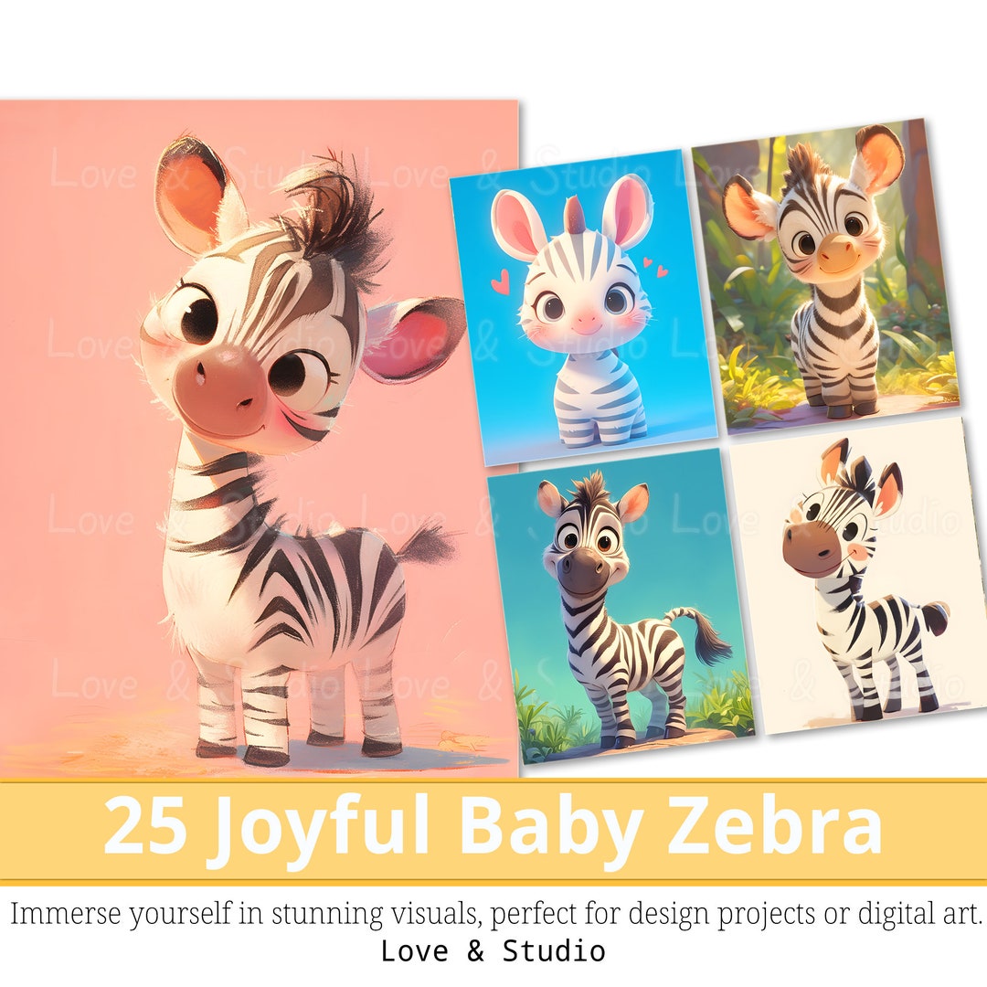 25 Joyful Baby Zebra Digital Paper. Happy Safari Animal Clipart ...