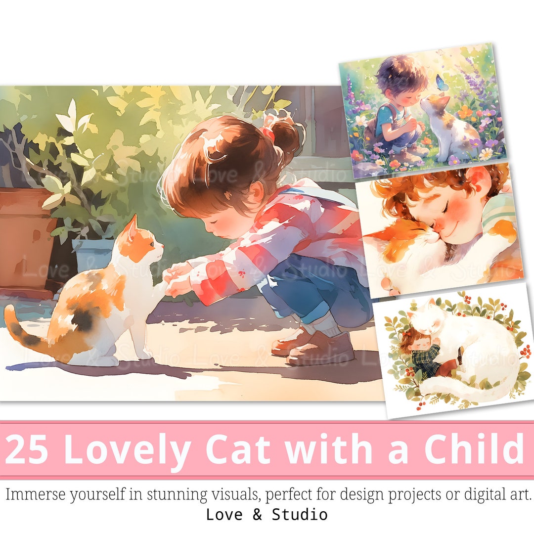 25 Lovely Cat With a Child Digital Paper, Whimsical Feline Digital ...