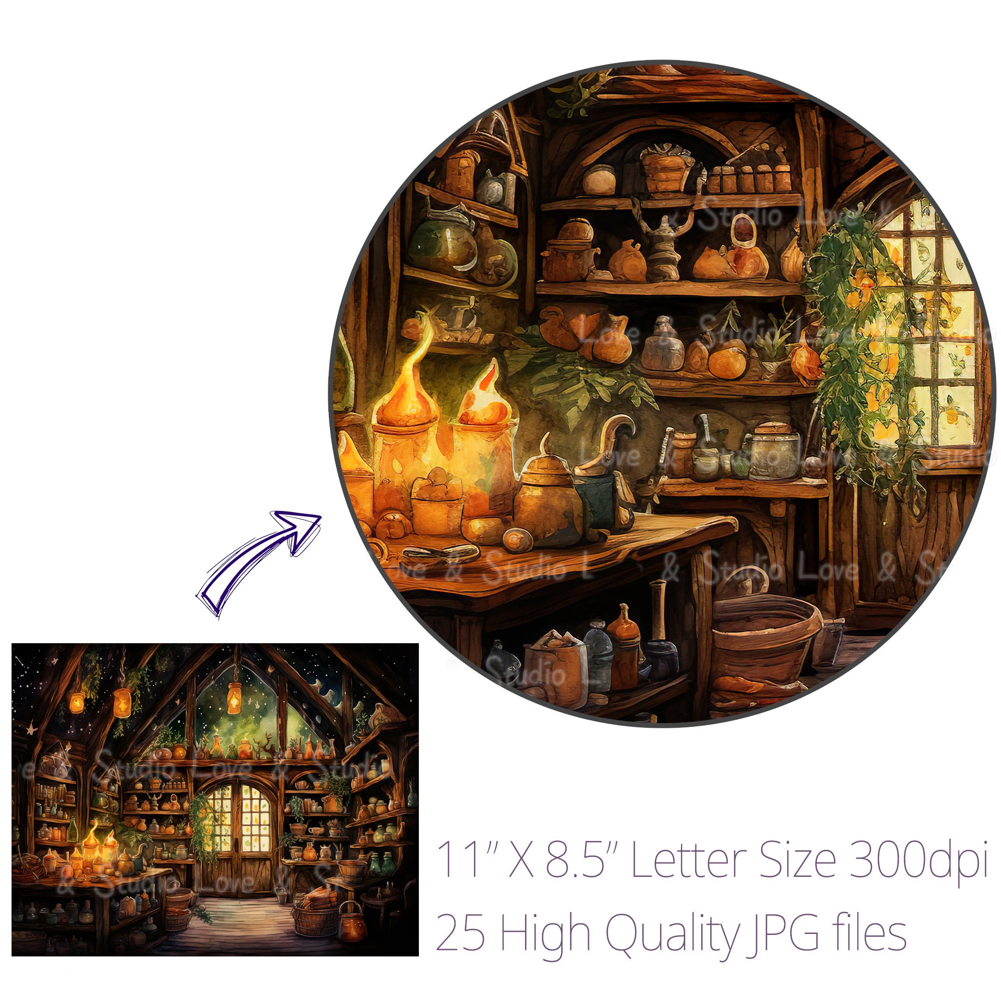 25 Witch's Cottage Digital Paper, Printable Watercolor Magical Fairy ...