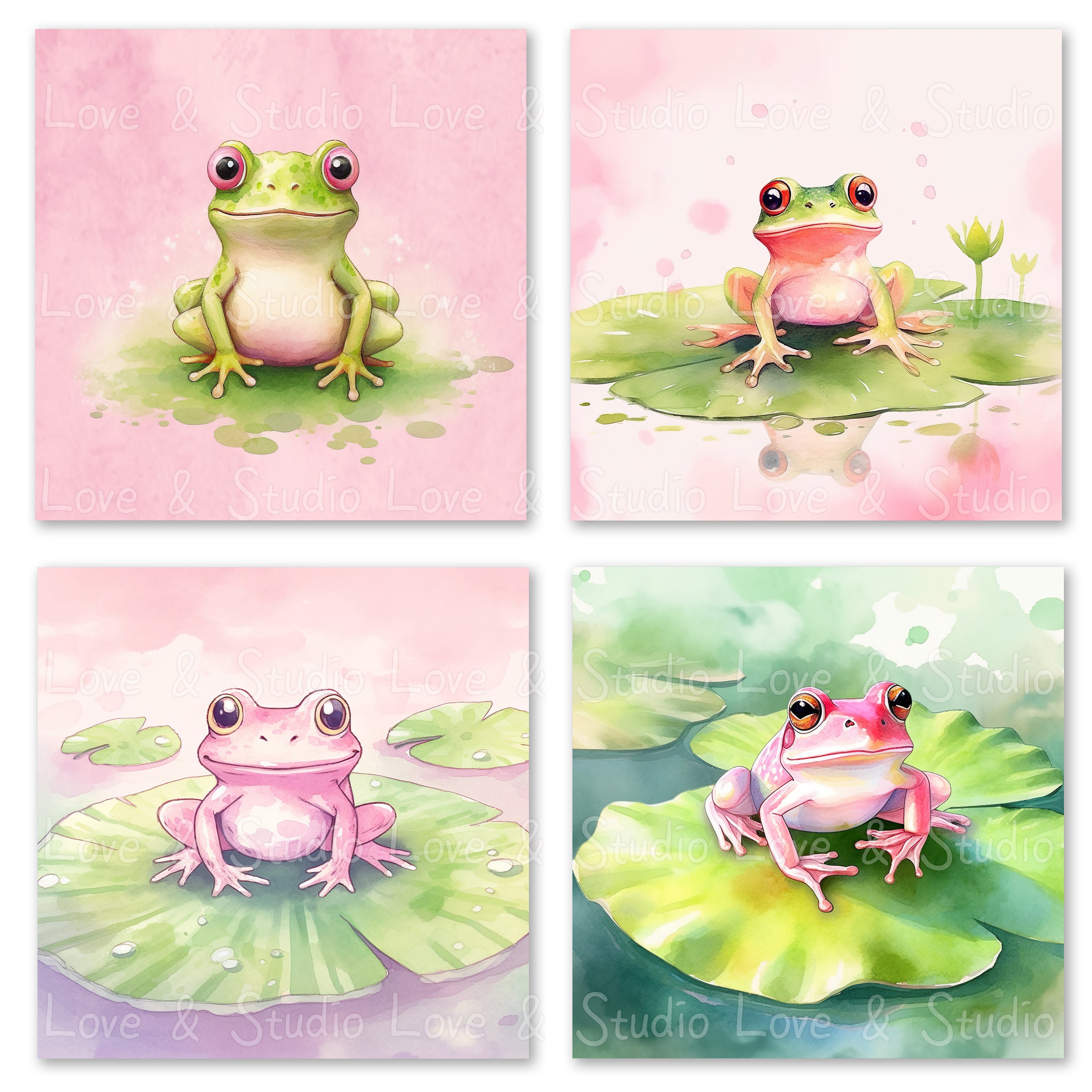 20 Cute Pink Frog Watercolor Clipart Frog on the Lily Pad - Etsy