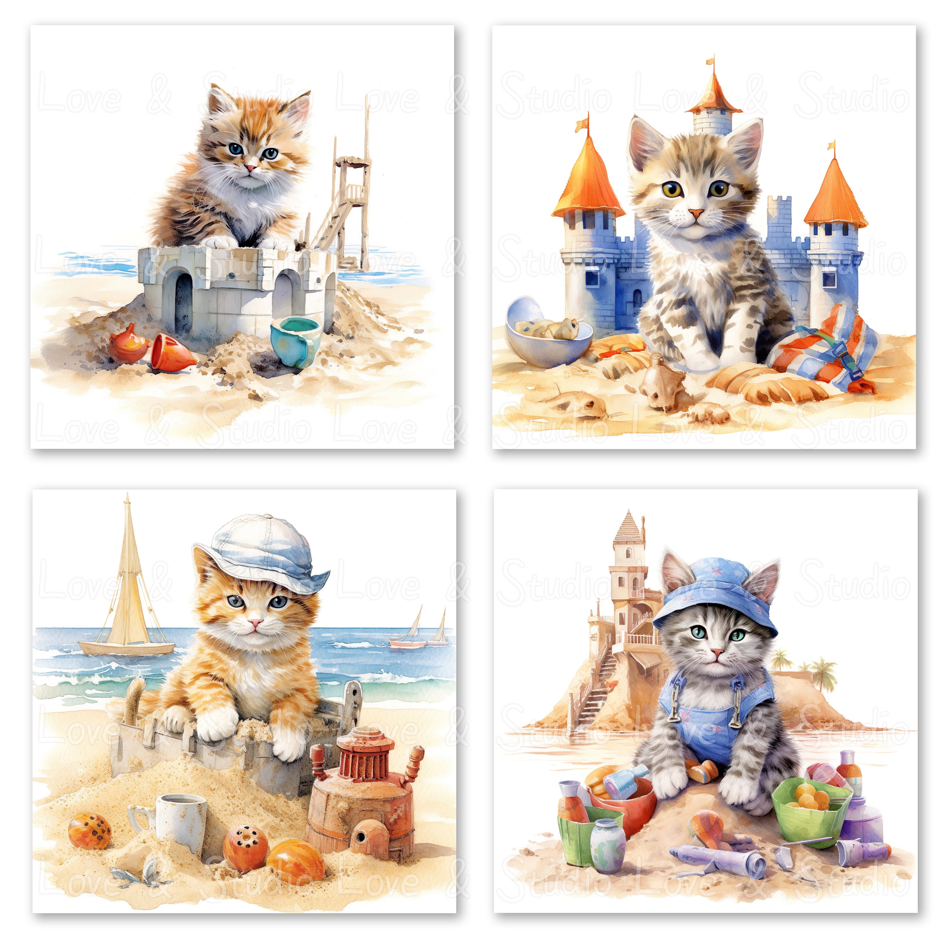 20 Cat on the Beach Clipart, Cute Kitten on Summer Vacation, Digital ...