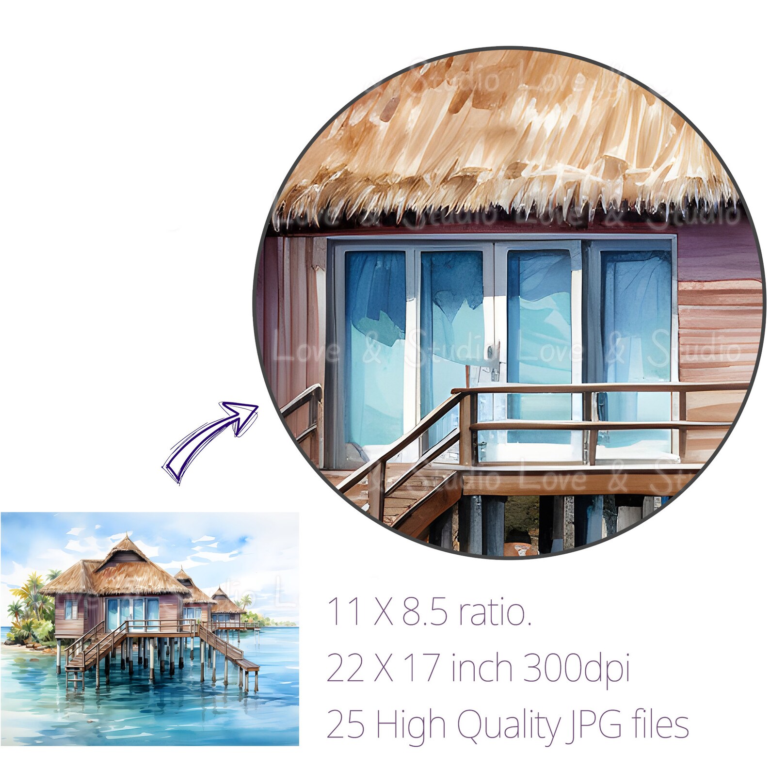 25 Maldives Beach Bungalows Digital Paper, Watercolor With Pen Brush ...