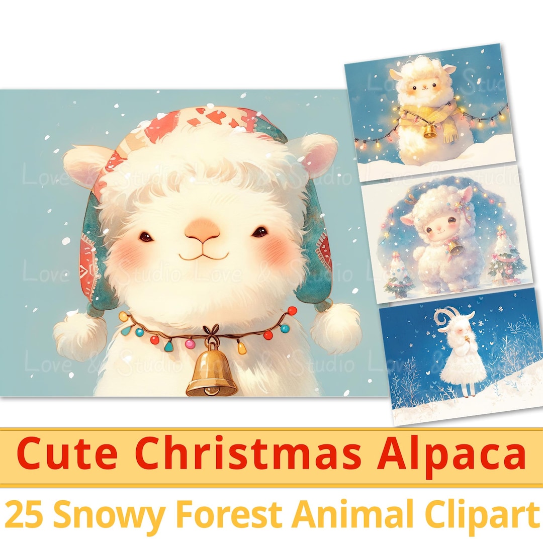 25 Cute Christmas Alpaca Clipart, Snowy Forest Friend Digital Paper ...