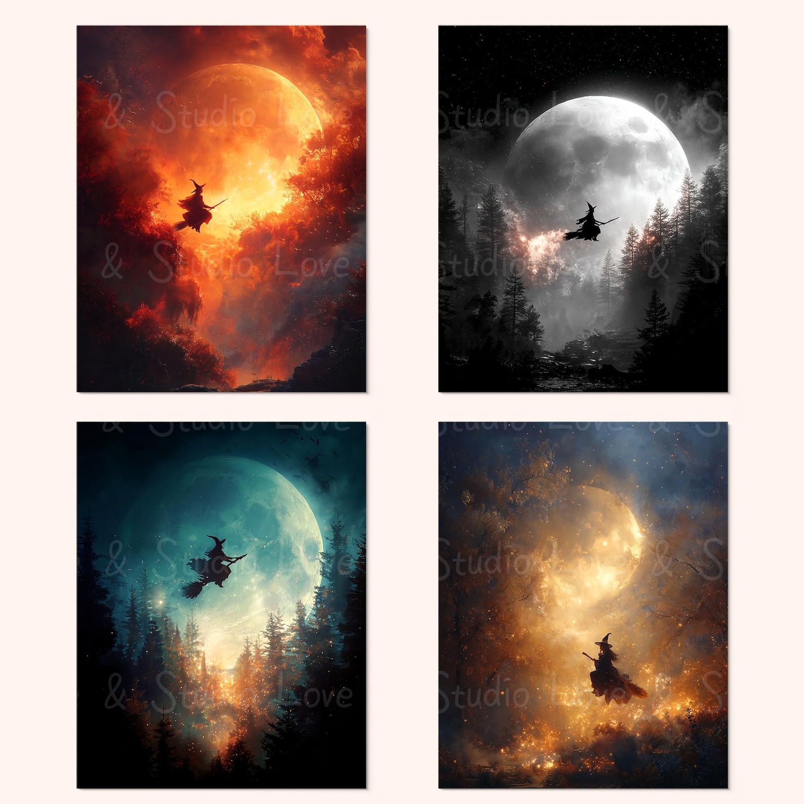 25 Witch Flying on a Broomstick Digital Paper, Printable Dark Fantasy ...