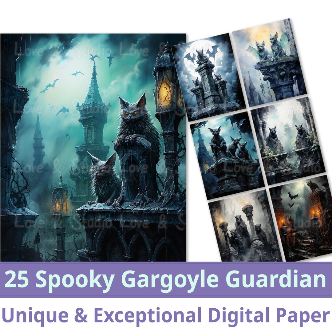 25 Gargoyle Guardians Digital Paper, Printable Moonlight, Halloween ...