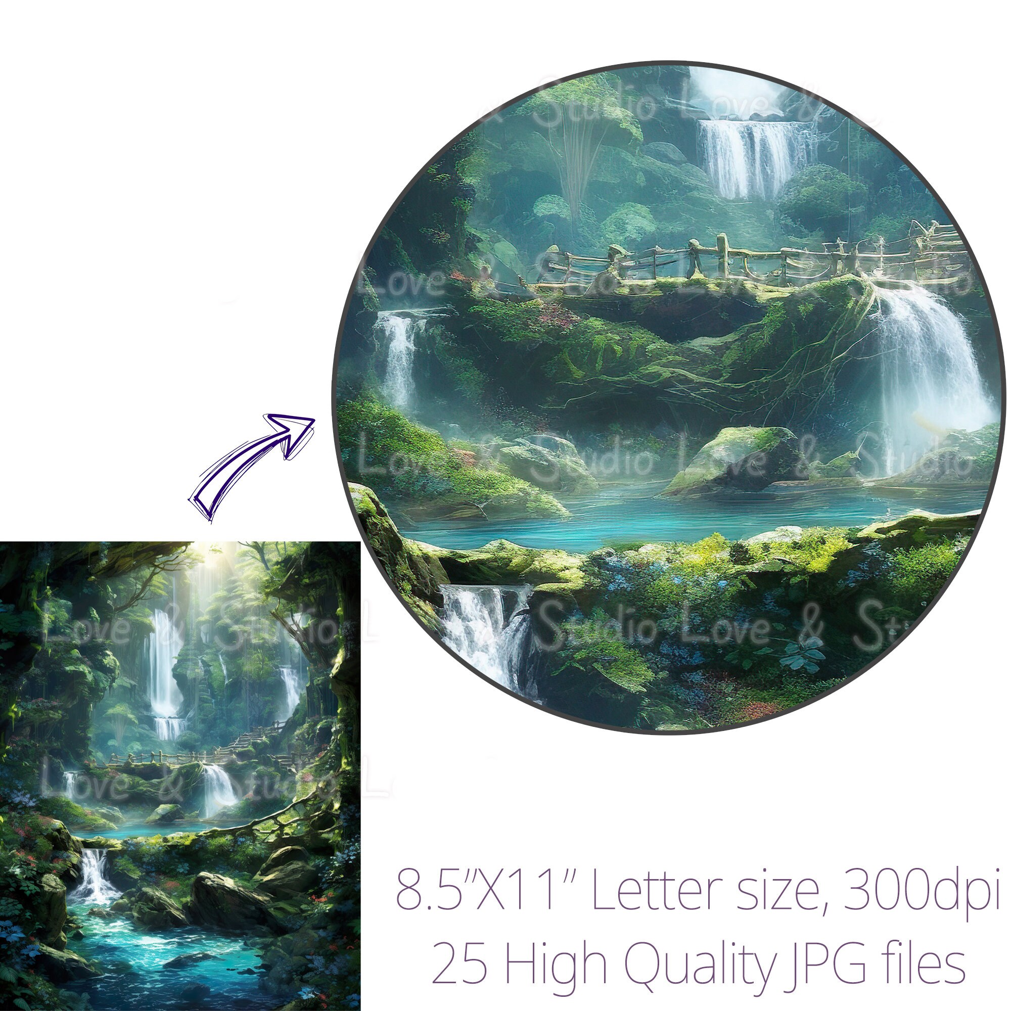 25 the Mythical Waterfall Digital Paper, an Enchanted Forest Background ...