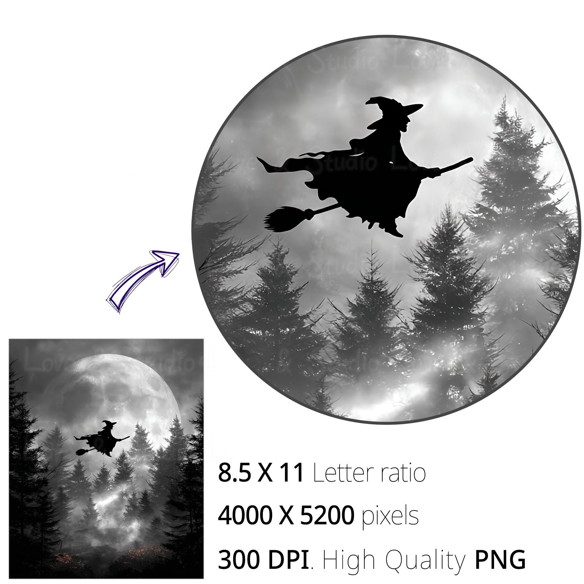 25 Witch Flying on a Broomstick Digital Paper, Printable Dark Fantasy ...