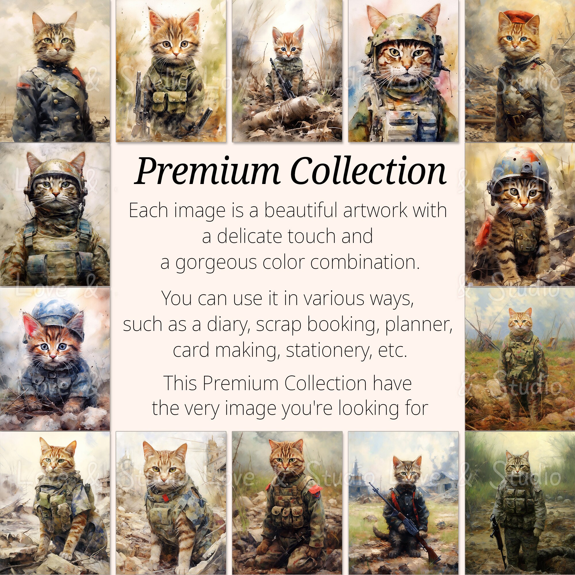 25 Watercolor Cat Clipart, Military Cat. Soldier Cat on the Battlefield ...