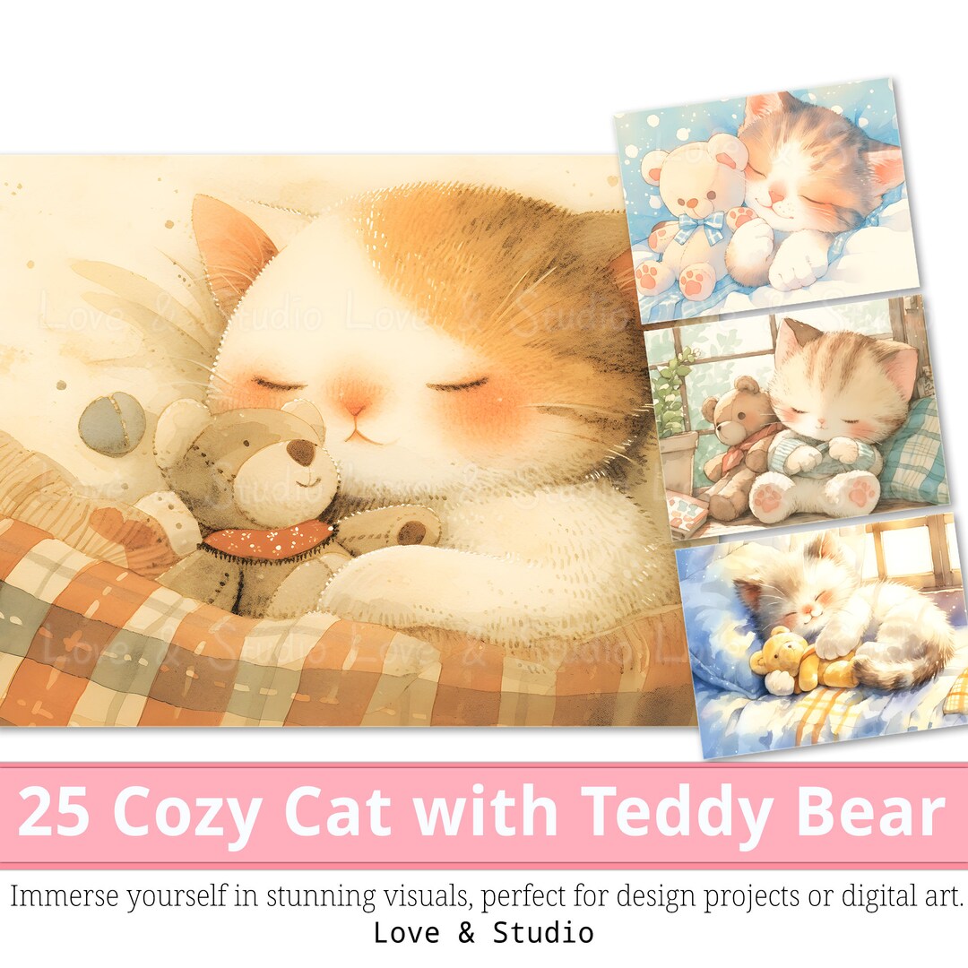 25 Cozy Cat Nap With Teddy Bear Digital Paper, Whimsical Feline Clipart ...