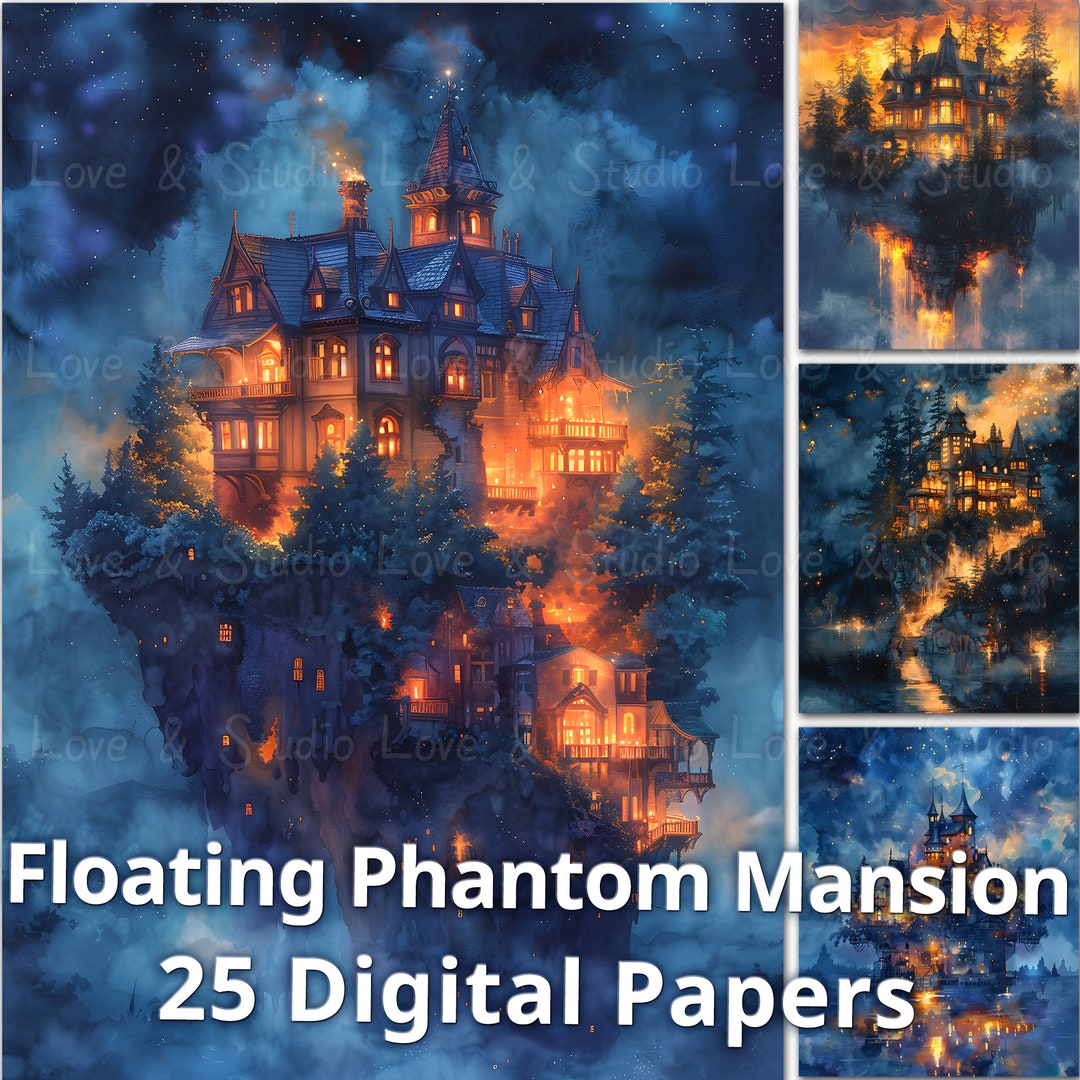 25 Floating Phantom Mansion Digital Paper, Dark Fantasy Backdrop ...