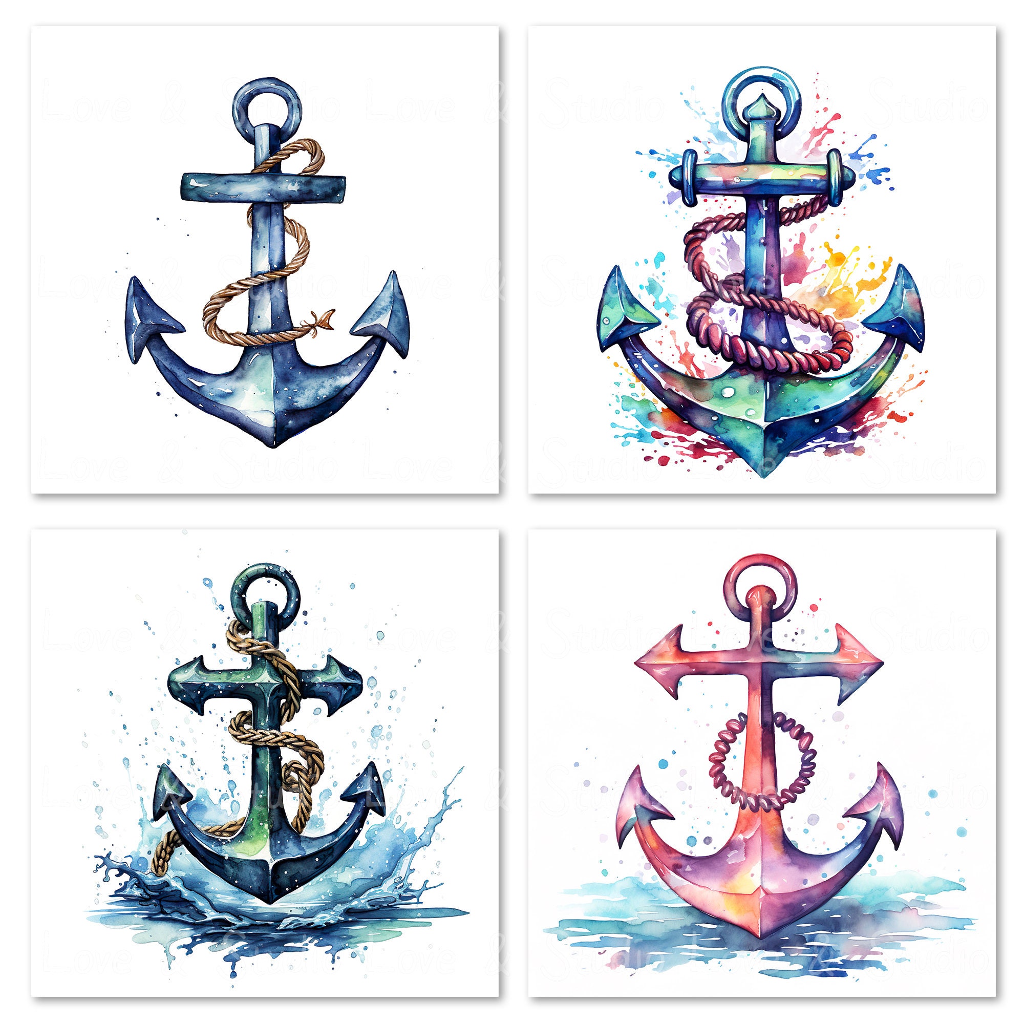 25 Anchor Watercolor Clipart, Summer Theme Tiling Design Printable ...