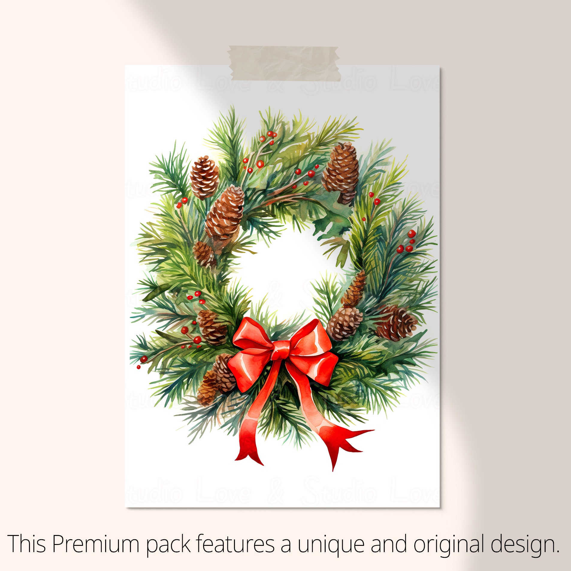 25 Christmas Red Bow Wreath Digital Paper, Watercolor Christmas Party ...