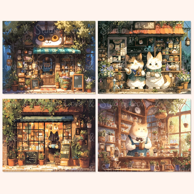 25 Magical Cozy Cat Cafe Digital Paper, Whimsical Feline Digital Paper ...