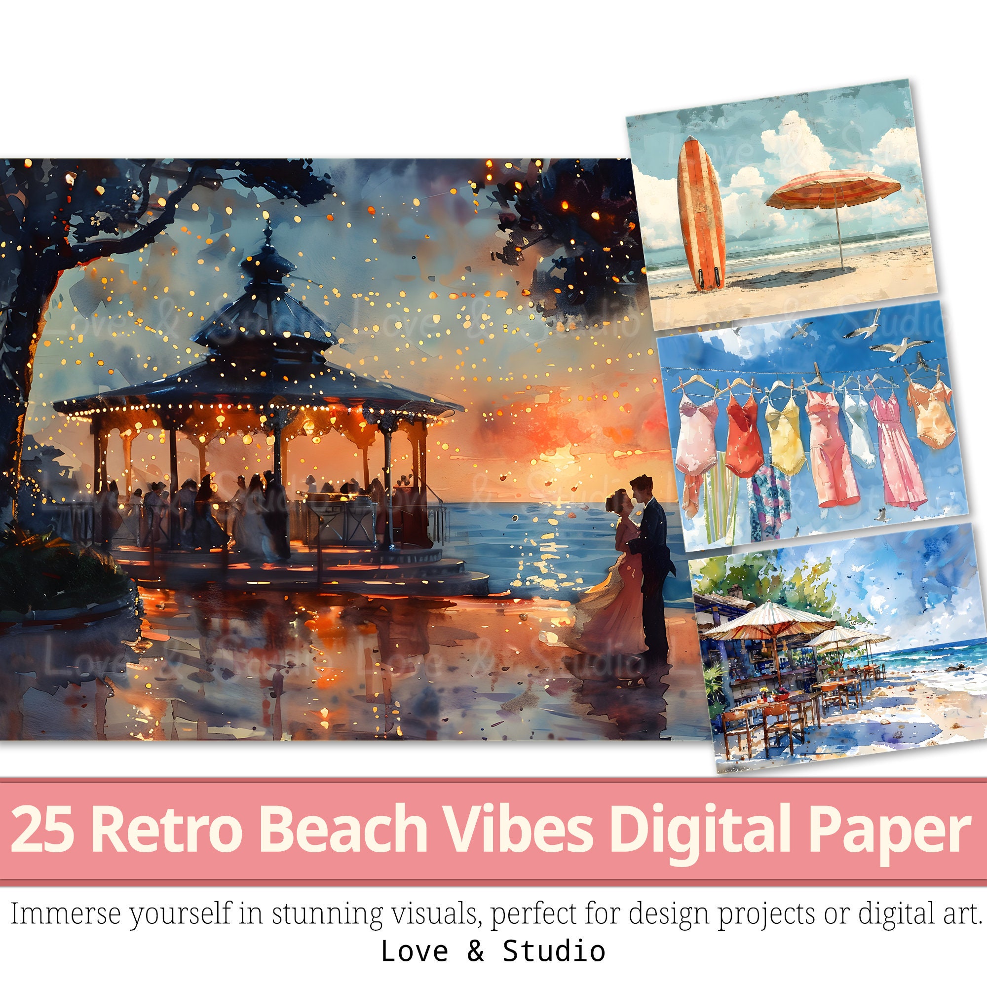 25 Retro Beach Vibes Digital Paper, Watercolor Surfside Sunset Clipart ...