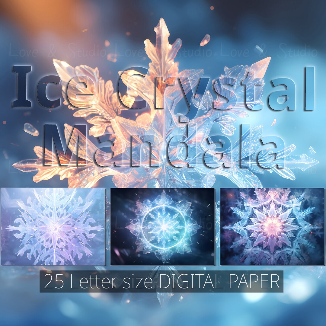25 Ice Crystal Mandala Digital Paper, Printable Fantasy Snowflake, A ...
