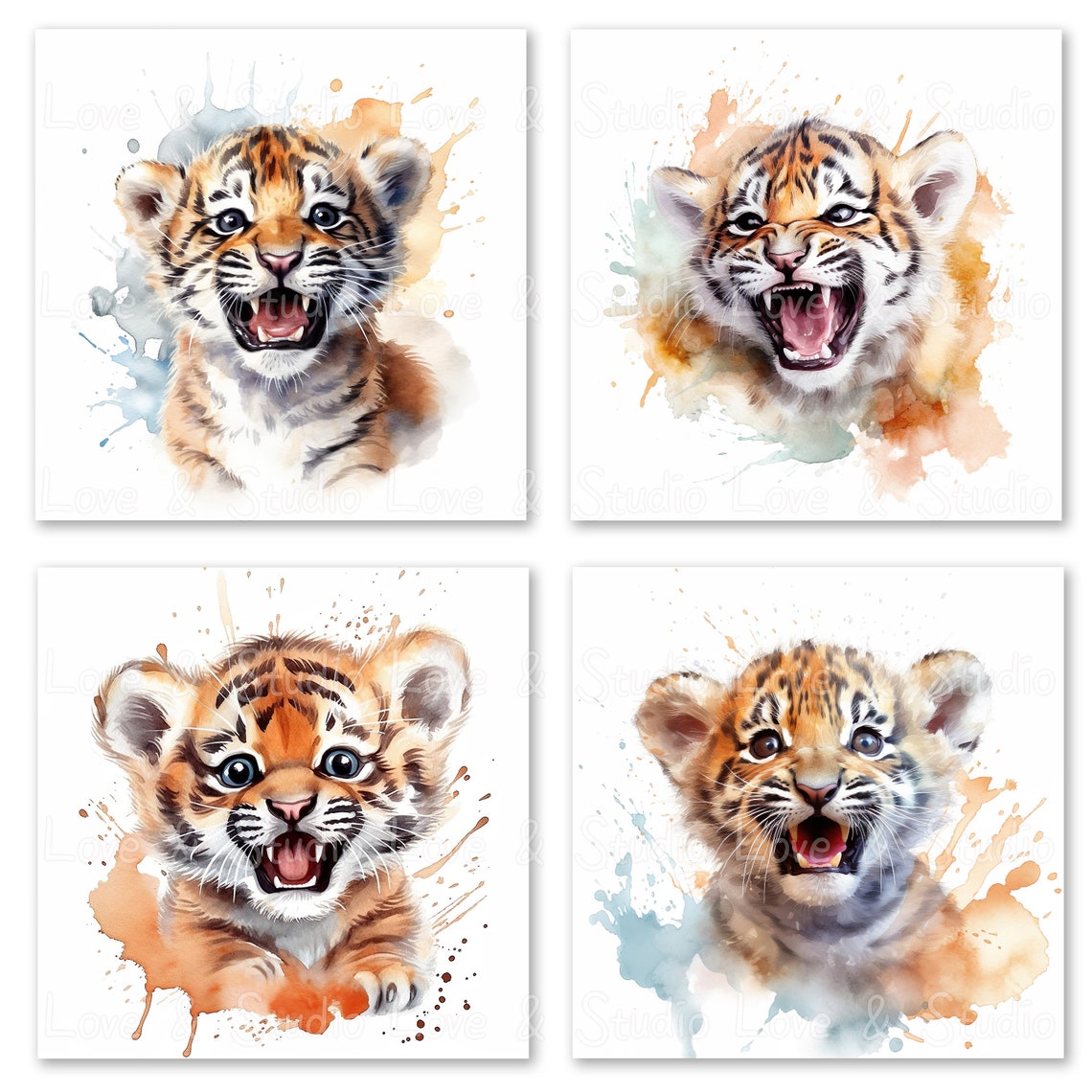 20 Baby Tiger Watercolor Clipart, Smiling, Roaring Baby Lion ...