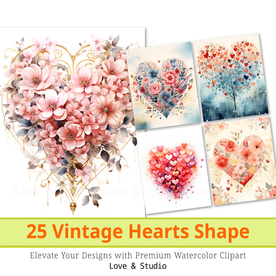 25 Vintage Heart Shaped Bouquet Digital Paper. Watercolor Heart Form ...