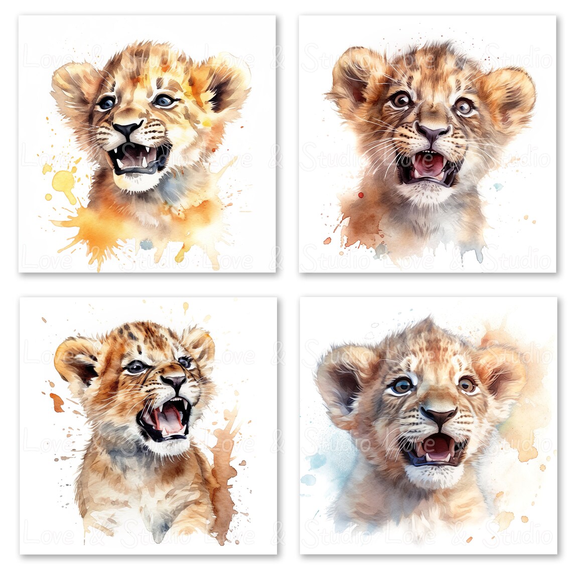 20 Baby Lion Watercolor Clipart, Smiling, Roaring Baby Lion ...