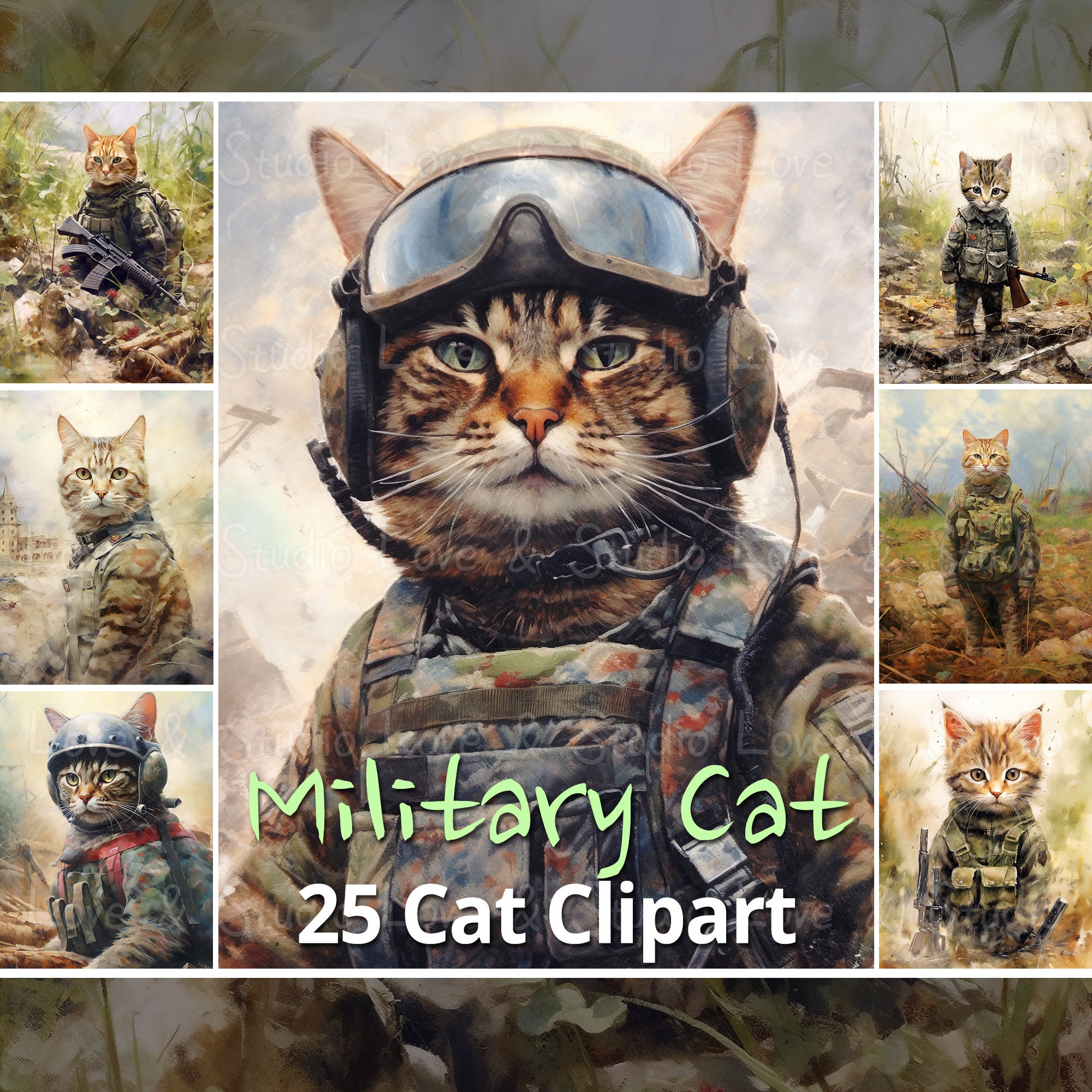 25 Watercolor Cat Clipart, Military Cat. Soldier Cat on the Battlefield ...