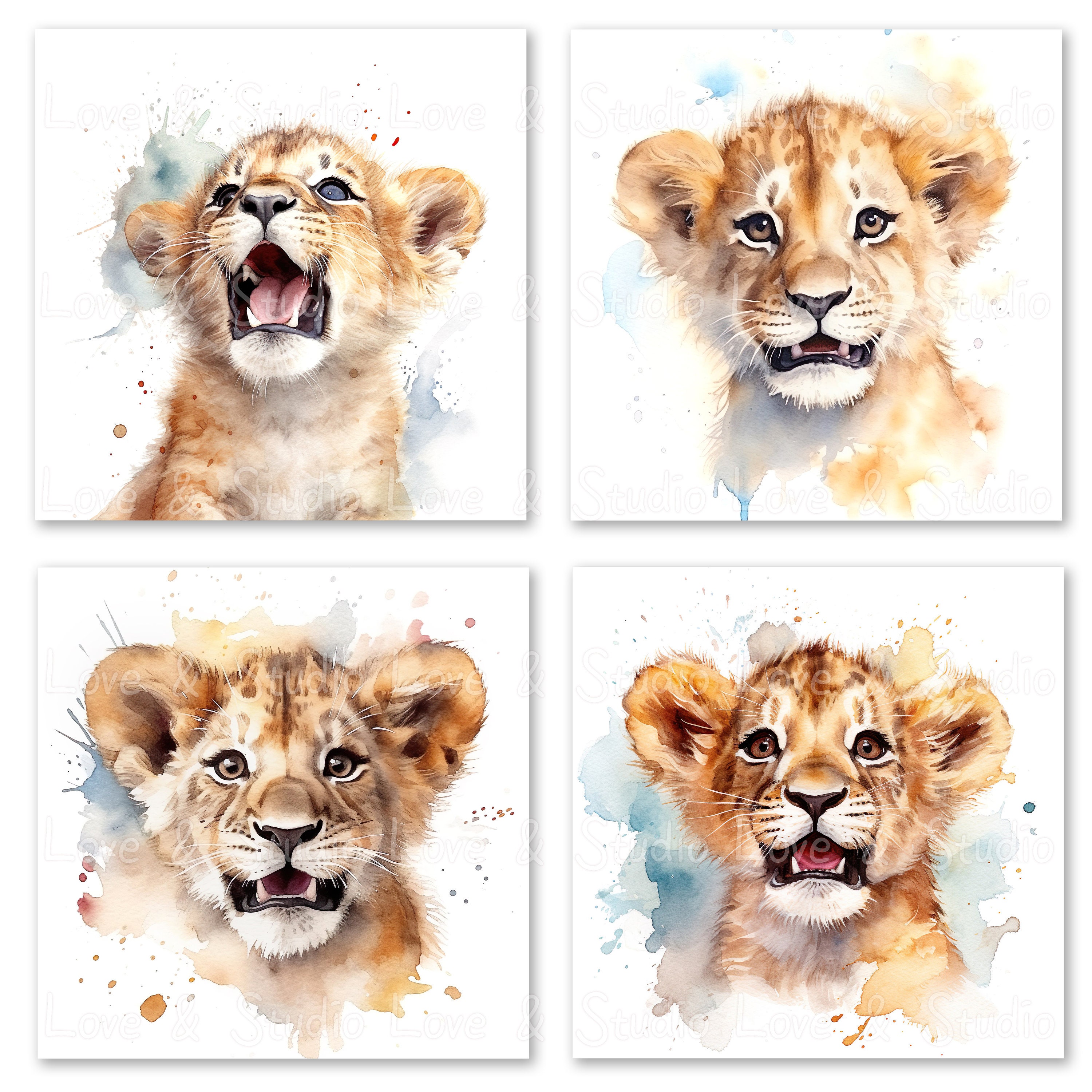 20 Baby Lion Watercolor Clipart, Smiling, Roaring Baby Lion ...