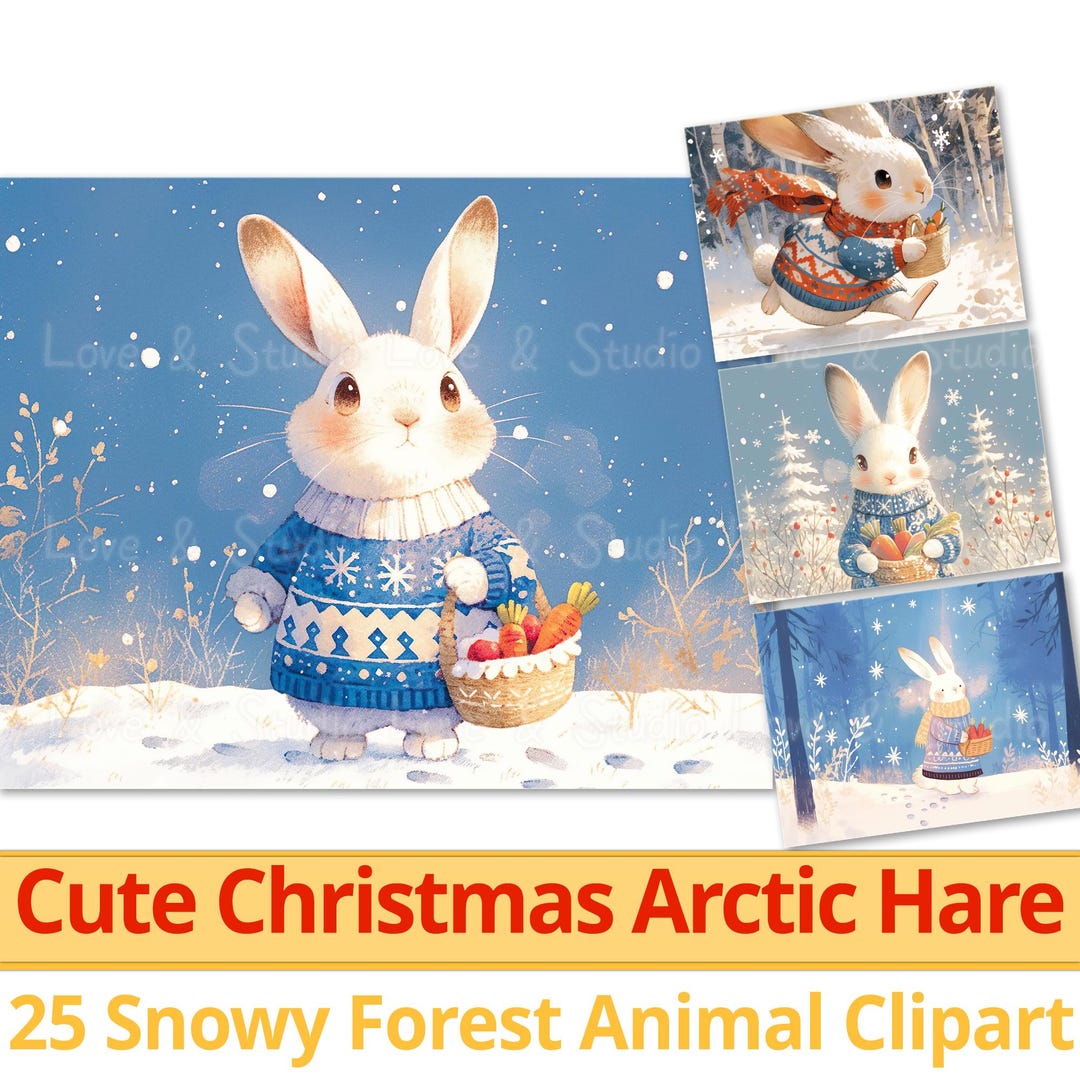 25 Cute Christmas Arctic Hare Clipart, Snow Forest Friend Digital Paper ...