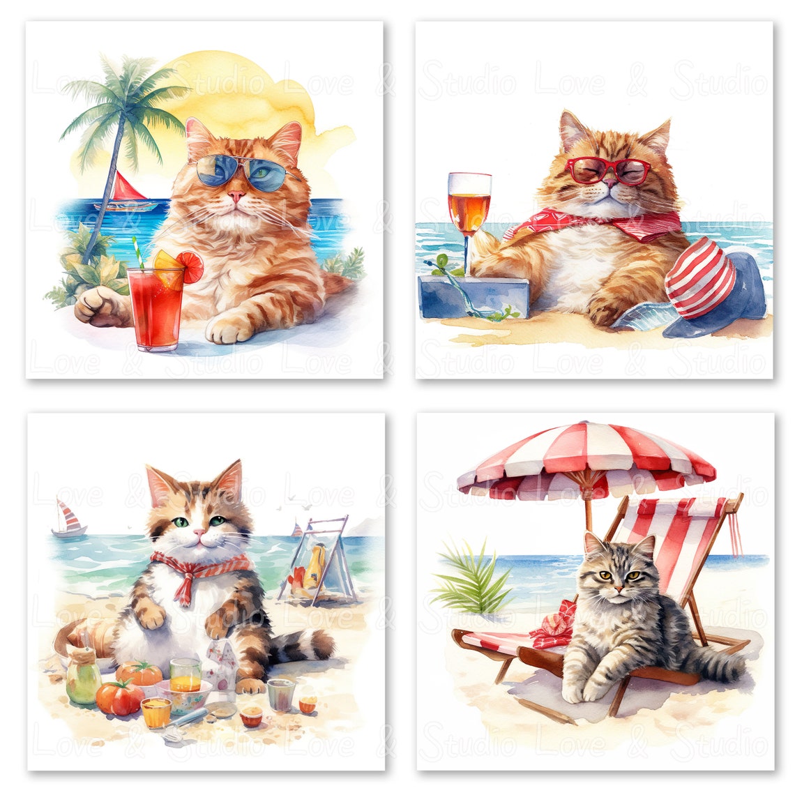 20 Cat on the Beach Clipart, Cute Kitten on Summer Vacation, Digital ...