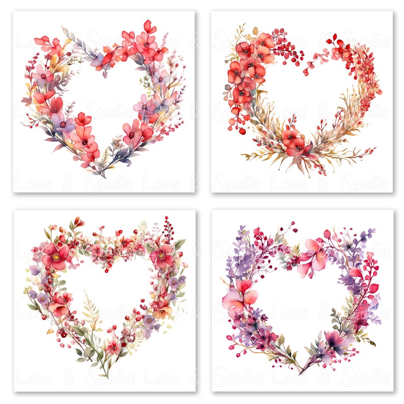 25 Pastel Flower Heart Wreath Clipart. Digital Valentine's Day ...