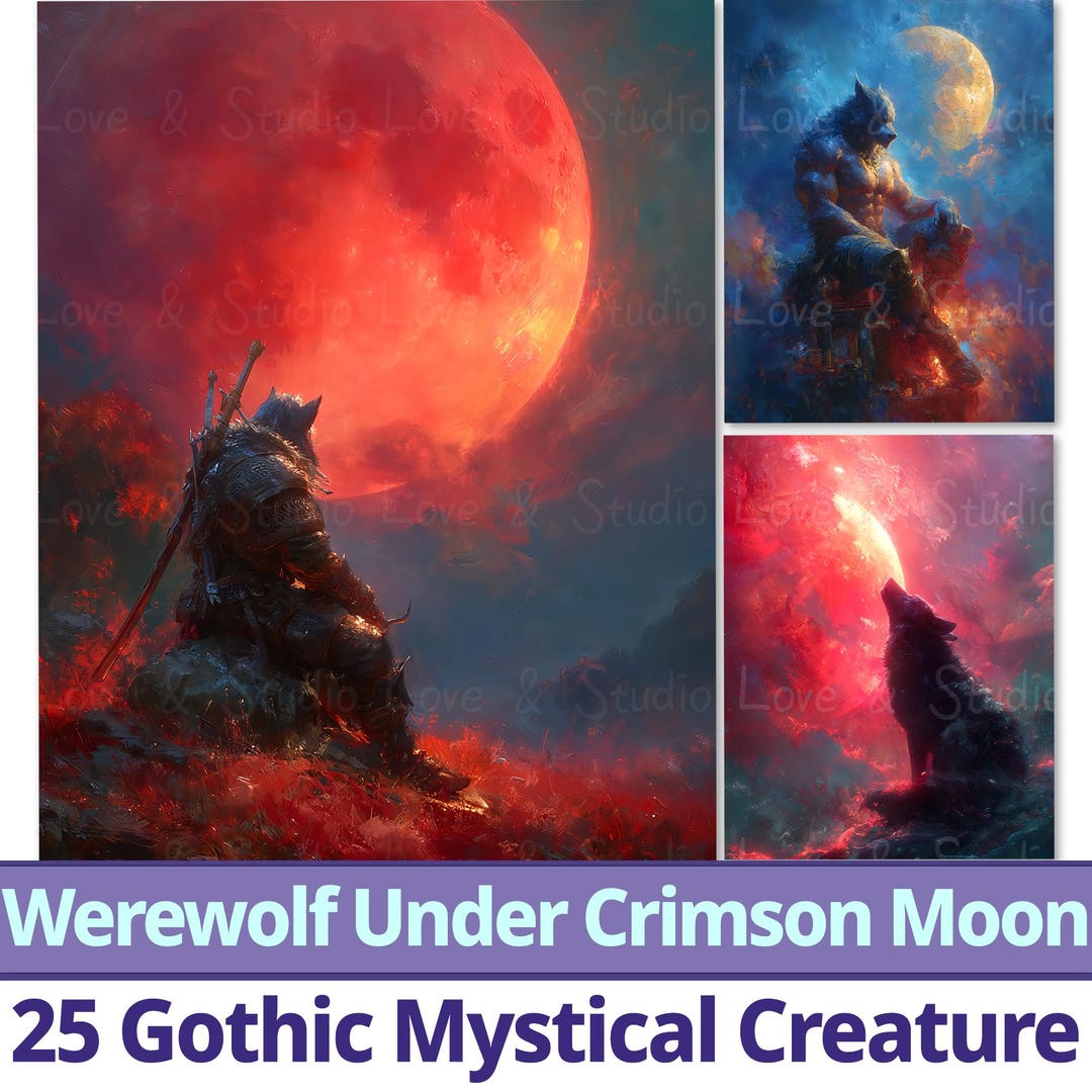 25 Werewolf Under Crimson Moon Digital Paper, Printable Dark Fantasy ...
